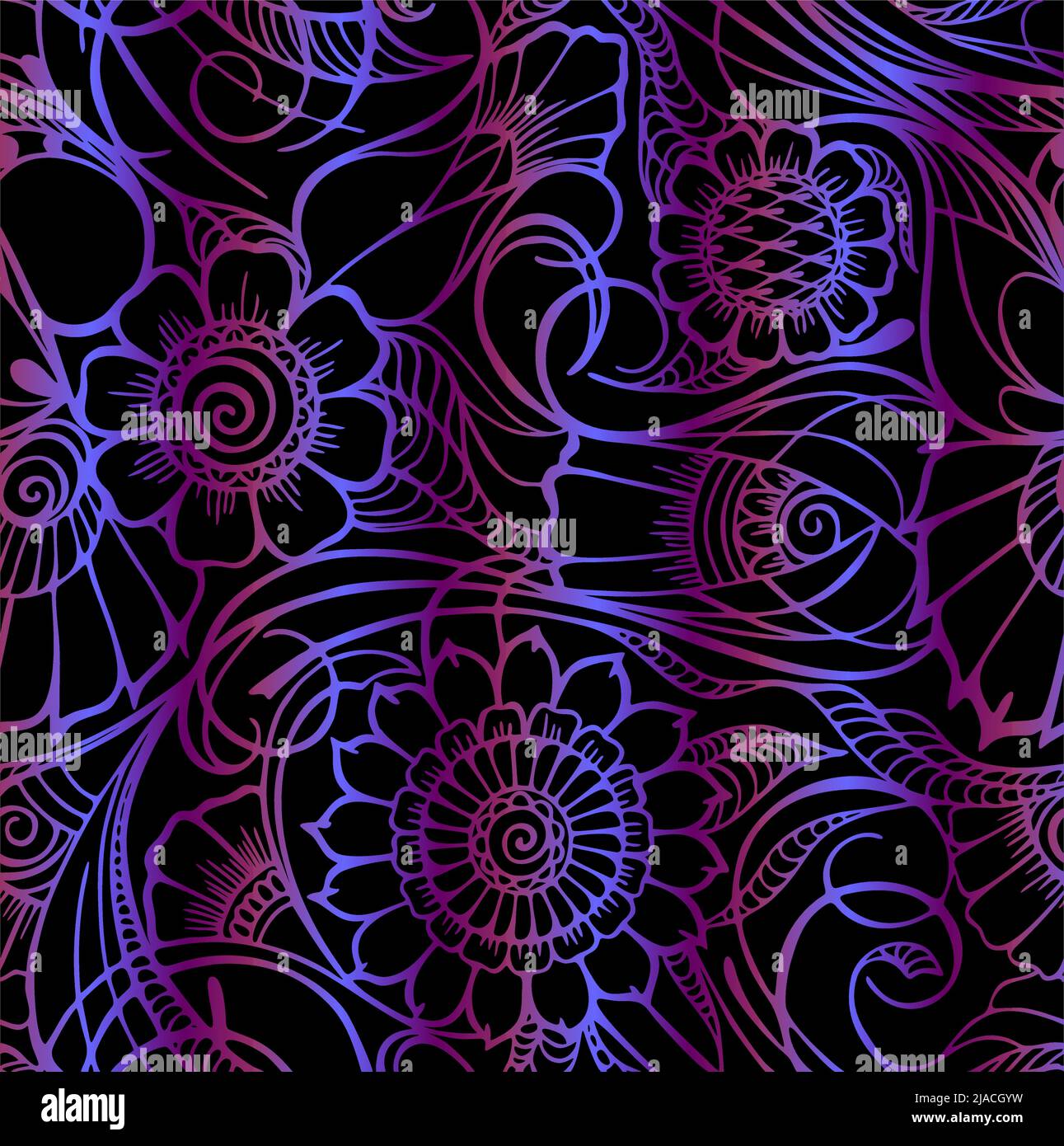 purple blue iridescent seamless pattern on black background, floral ...