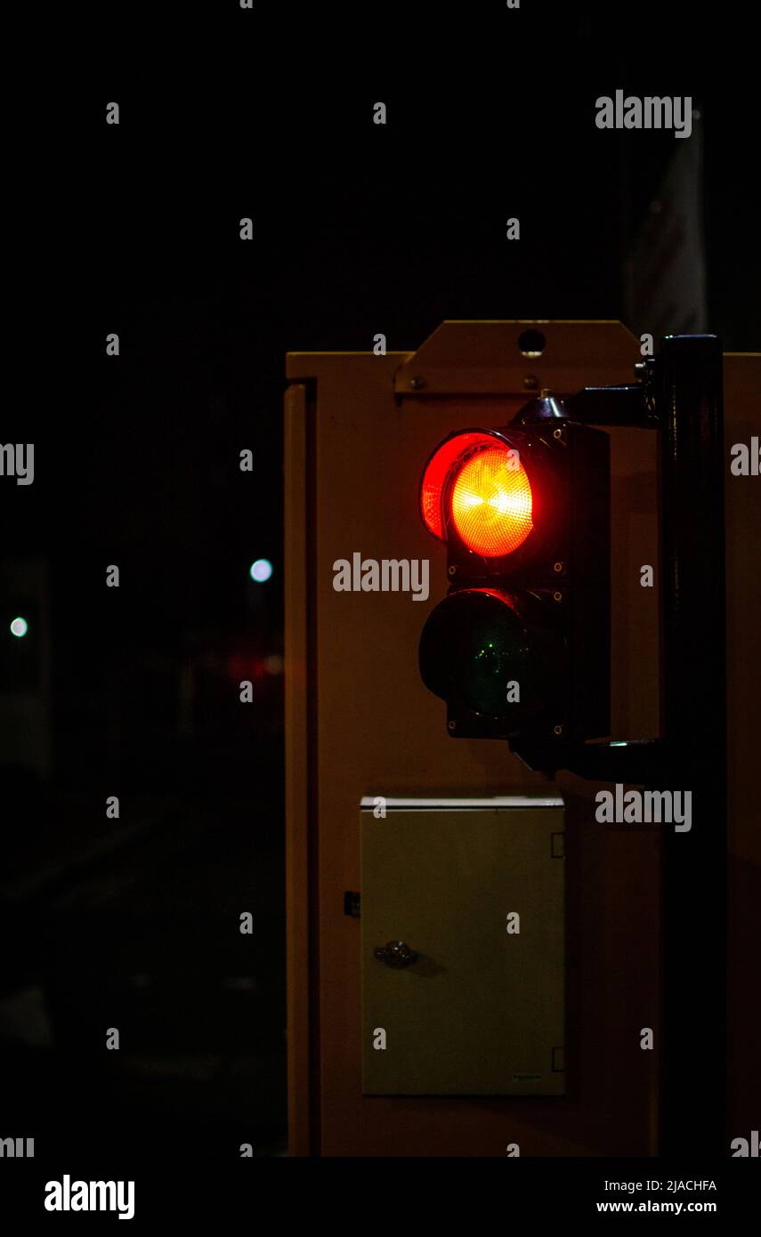 Abstract shot of a two-colour Traffic light in Manchester International ...