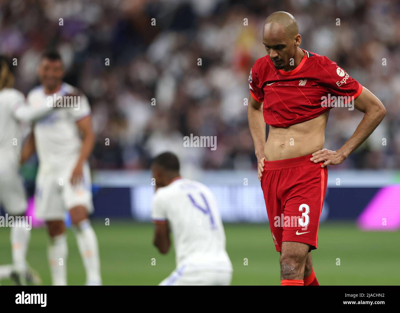 Paris, France. 28th May, 2022. Fabinho of Liverpool FC reacts as Real ...