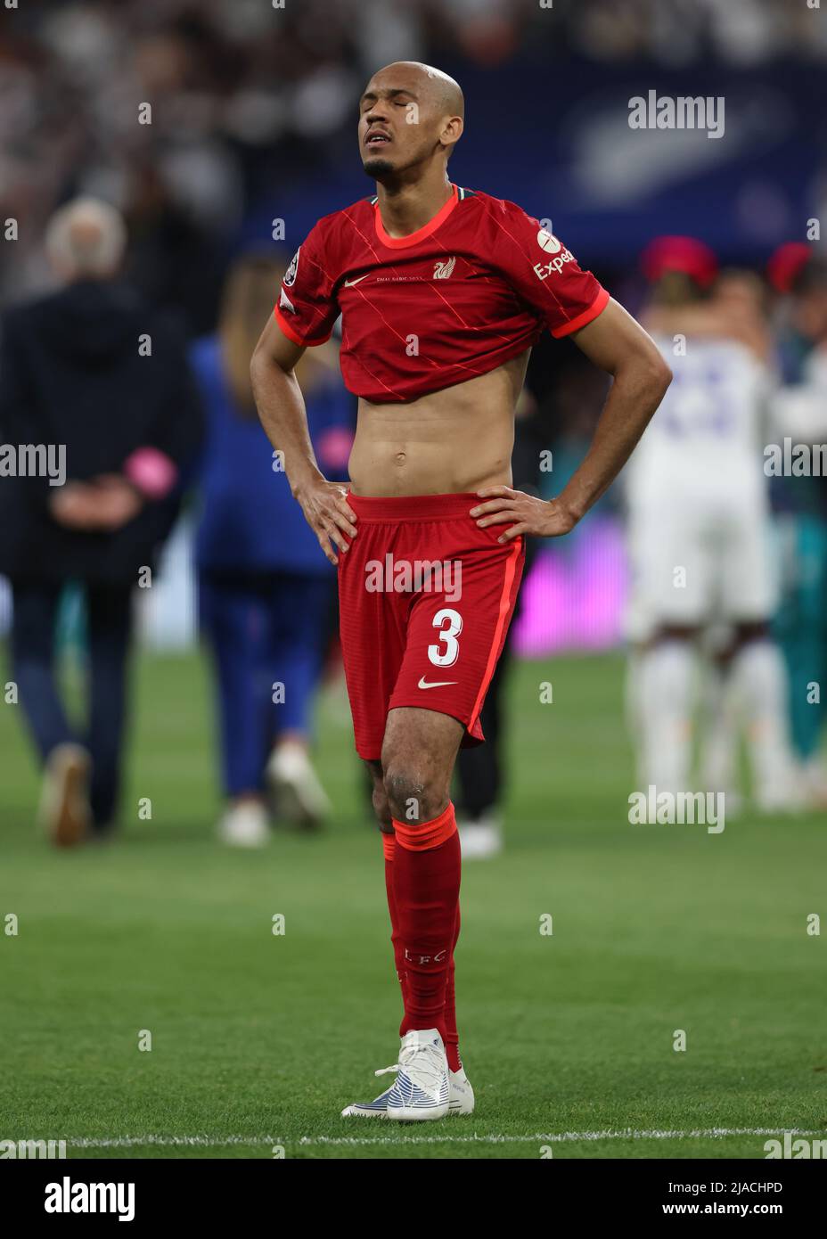 Paris, France. 28th May, 2022. Fabinho of Liverpool FC reacts as Real ...