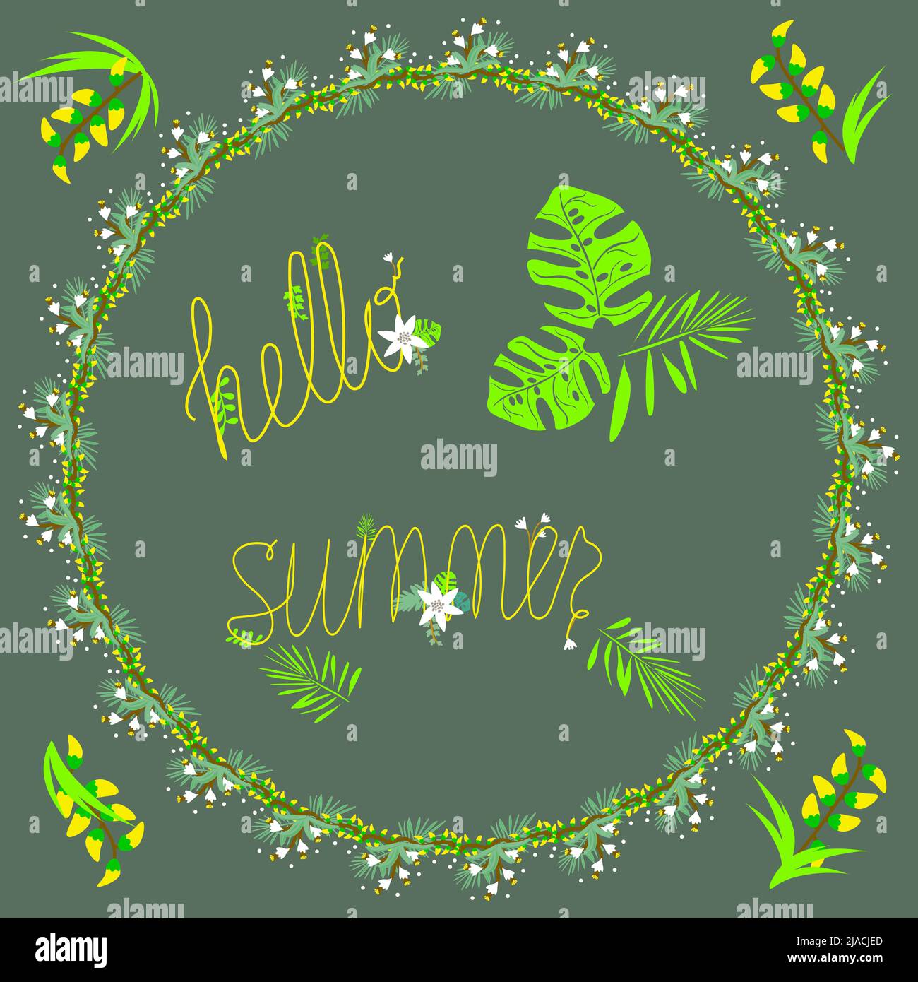 hello summer banner in a frame of yellow flowers on a green background ...