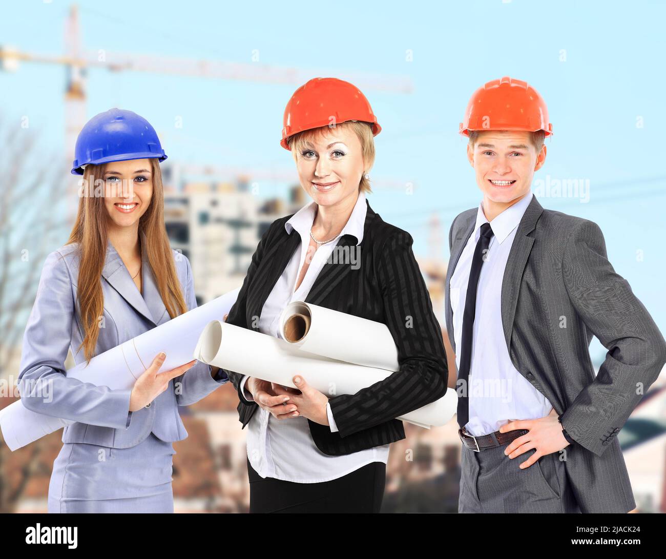 Group of builders workers. Construction industry background Stock Photo ...