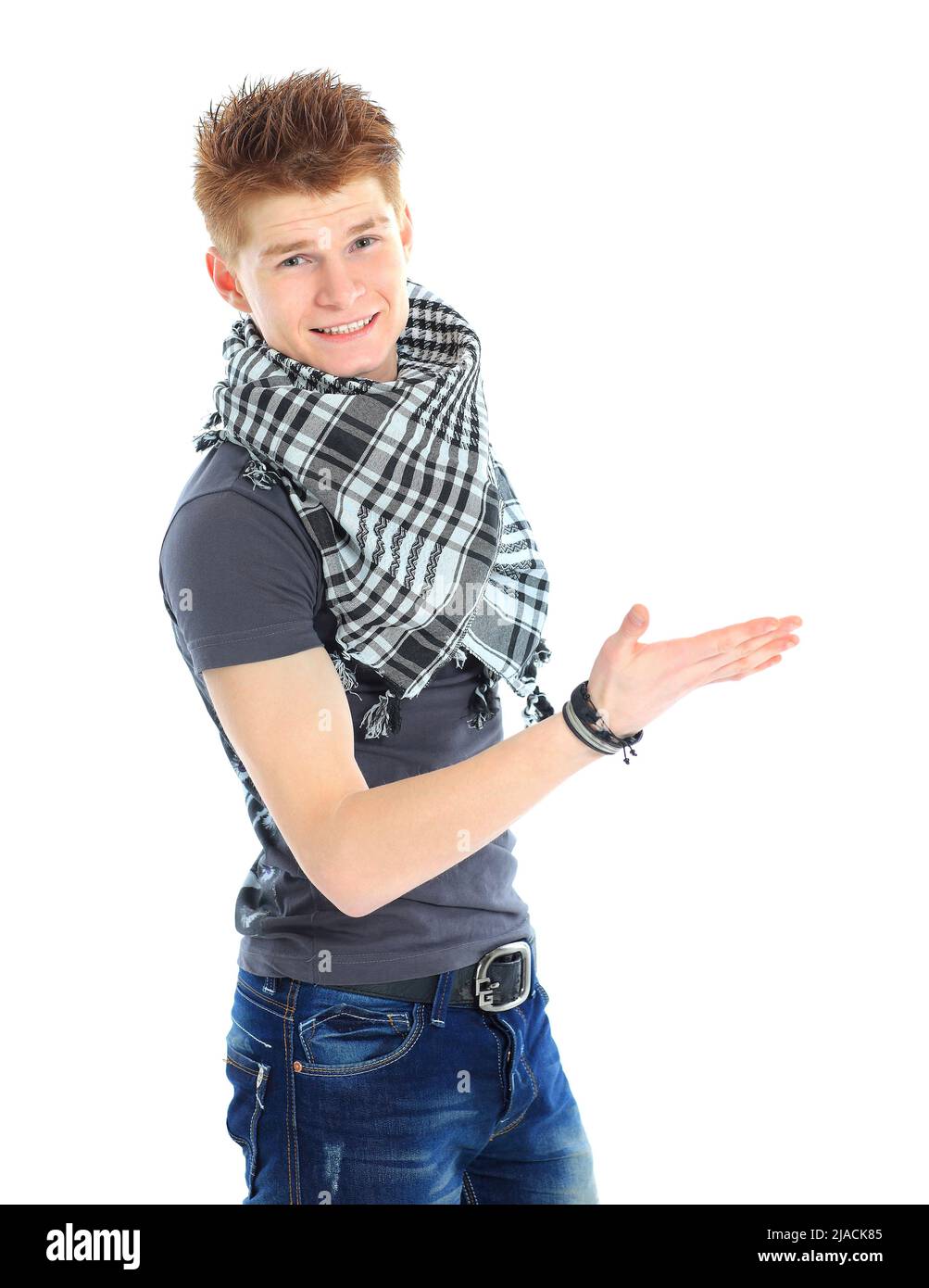 smiley man holding something on his palm. isolated on white back Stock ...