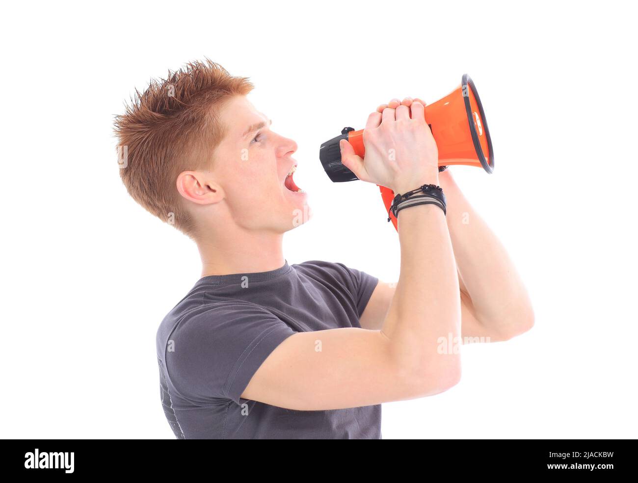 picture of guy with megaphone over white Stock Photo - Alamy