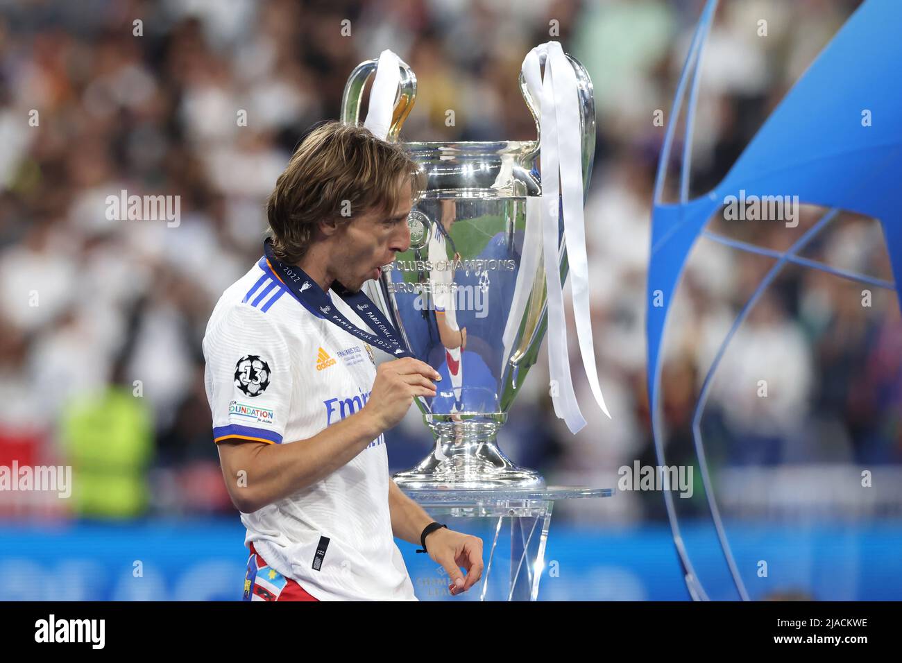 Paris, France. 28th May, 2022. Luka Modric of Real Madrid reacts as he ...