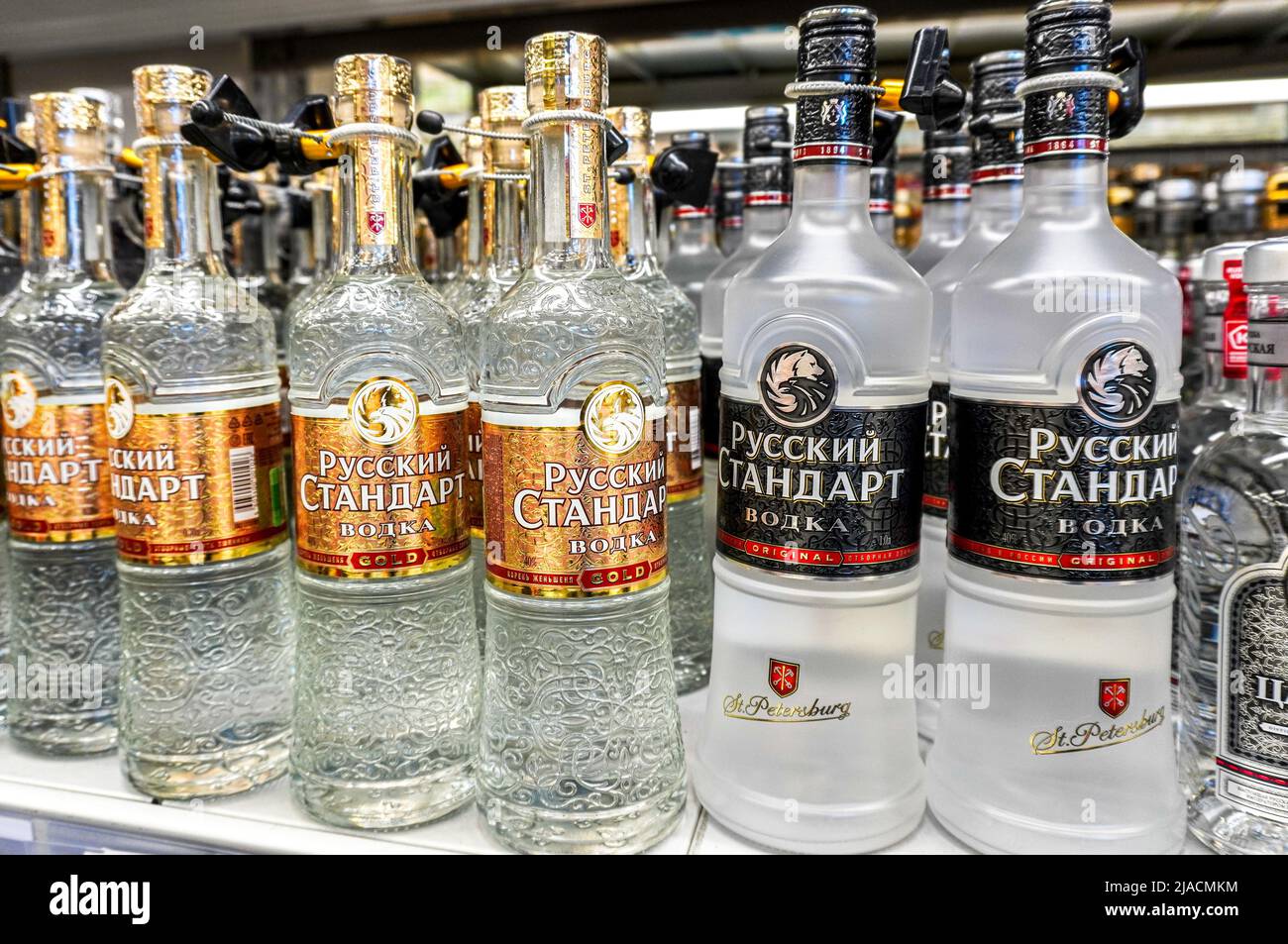 Samara, Russia - March 22, 2022: Russian Standard vodka on the shelf in ...