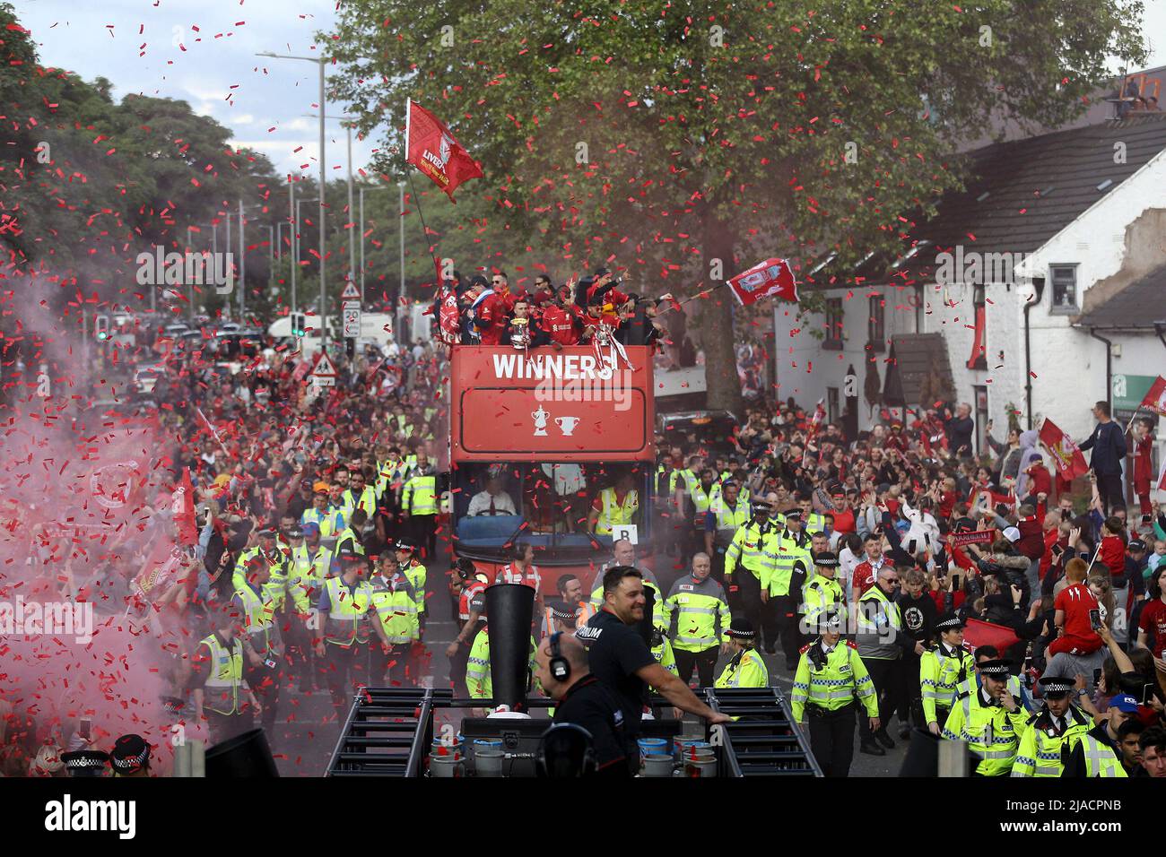 Liverpool, UK. 29th May, 2022. Fans greet the team bus. Liverpool ...