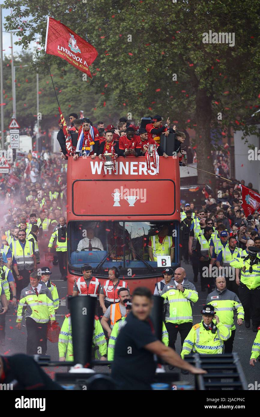 Liverpool, UK. 29th May, 2022. Fans greet the team bus. Liverpool ...