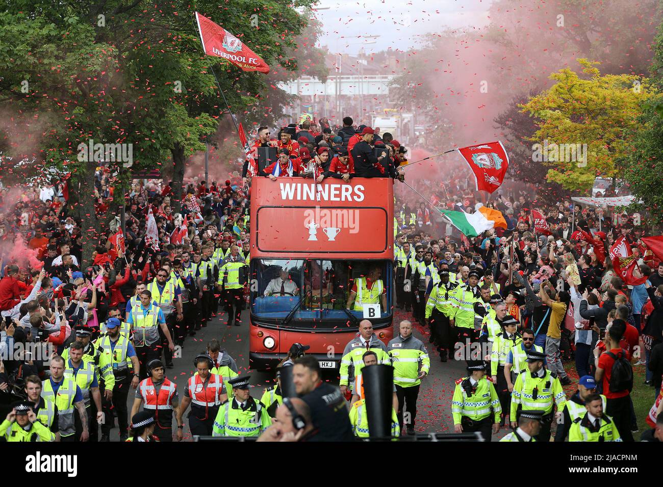 Liverpool, UK. 29th May, 2022. Fans greet the team bus. Liverpool ...