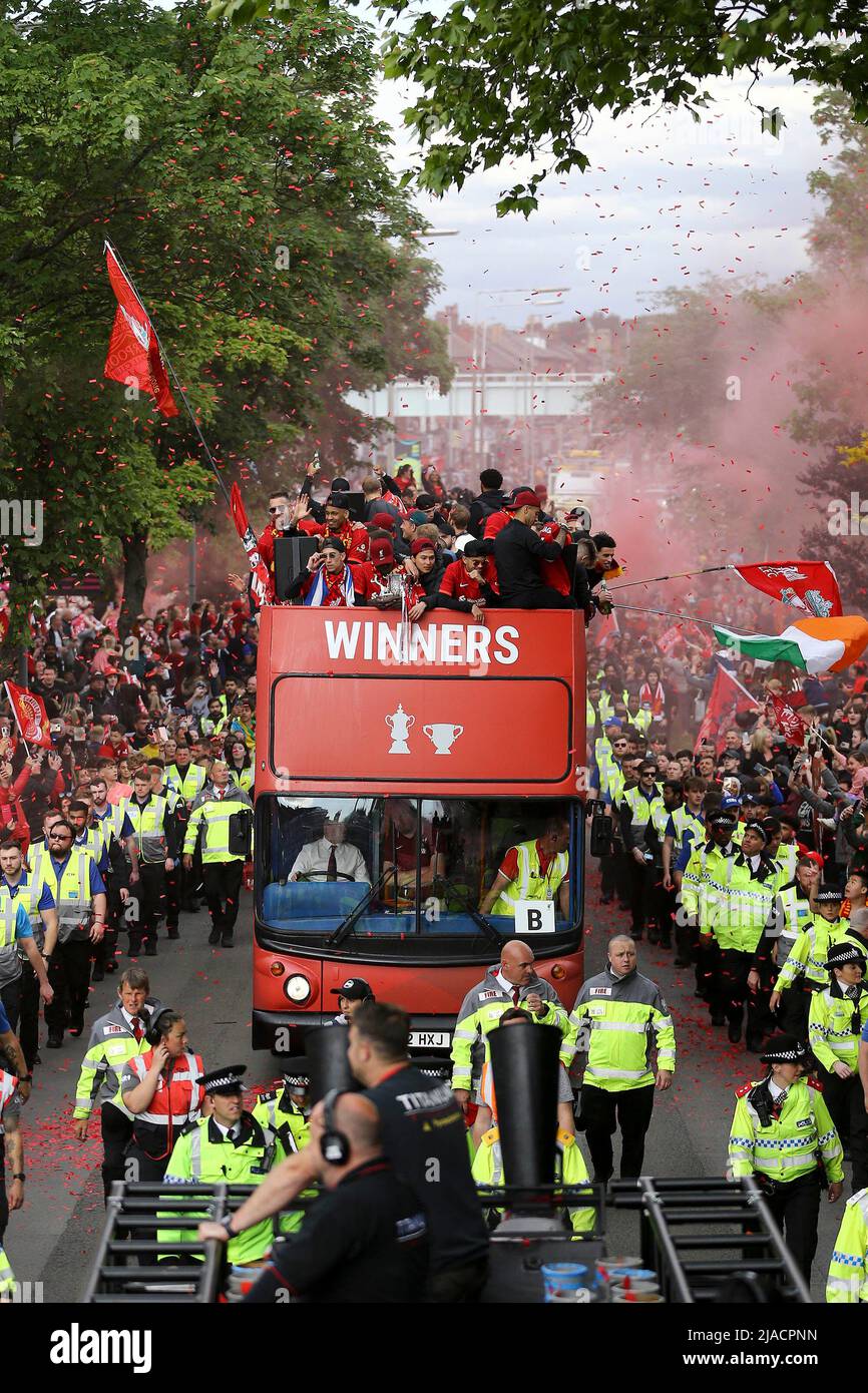 Liverpool, UK. 29th May, 2022. Fans greet the team bus. Liverpool ...