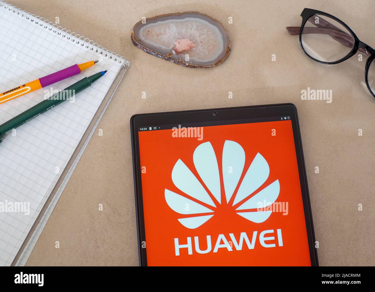 In this photo illustration, a Huawei Technologies Co. Ltd. logo seen ...