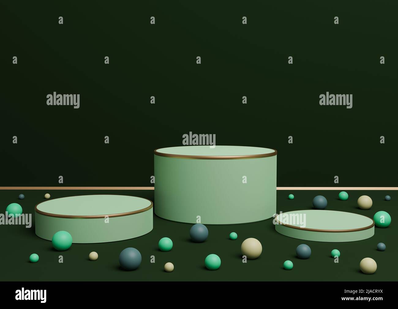 Dark, warm green 3D rendering of three podium stands product display with golden lines and ...