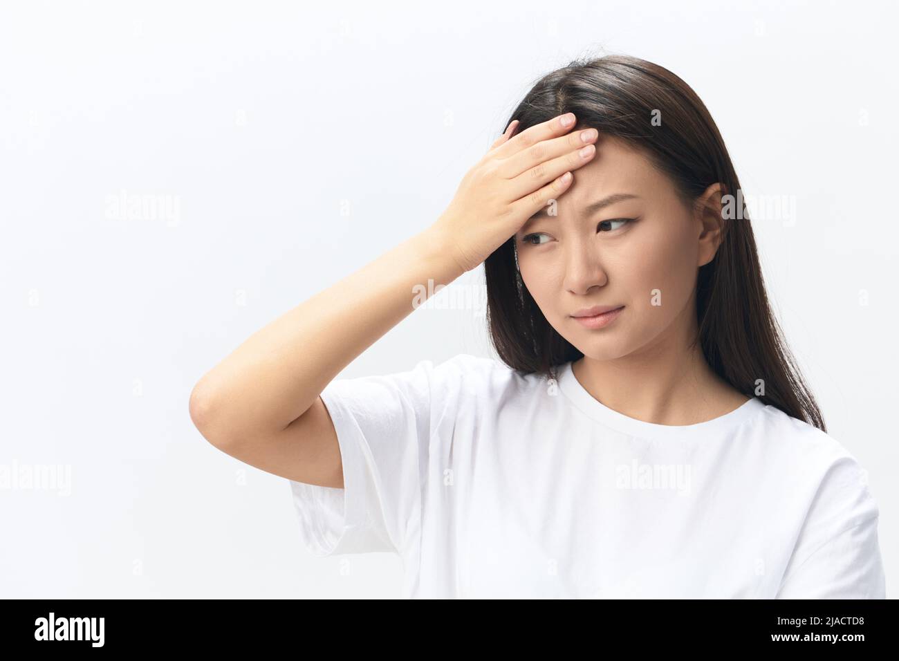 Migraine. Side view of unhappy suffering from headache tanned beautiful ...