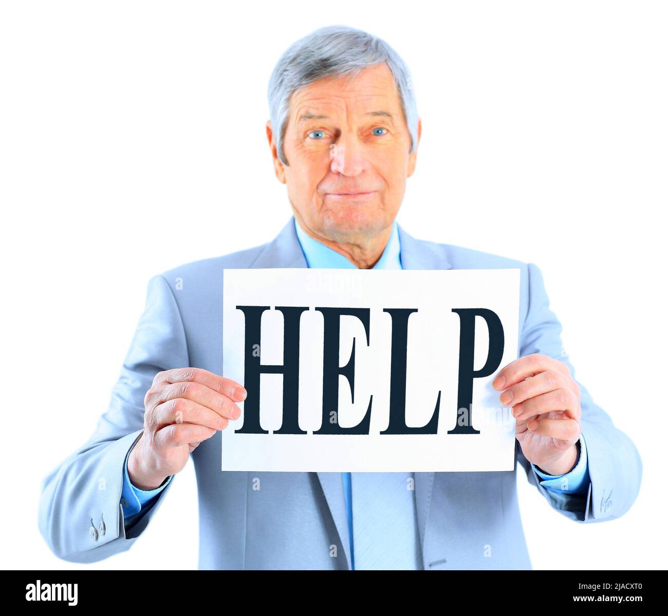 Nice businessman at the age, with a request for help. Isolated on a ...
