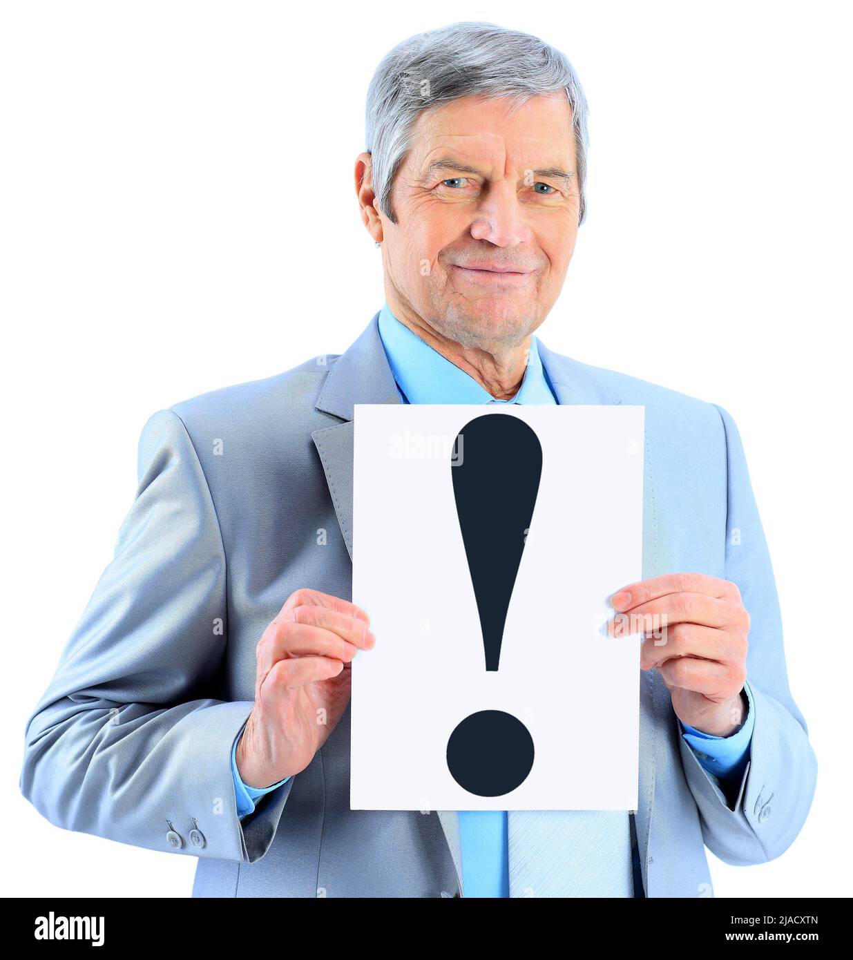 Nice businessman at the age, with an exclamation mark. Isolated on a ...