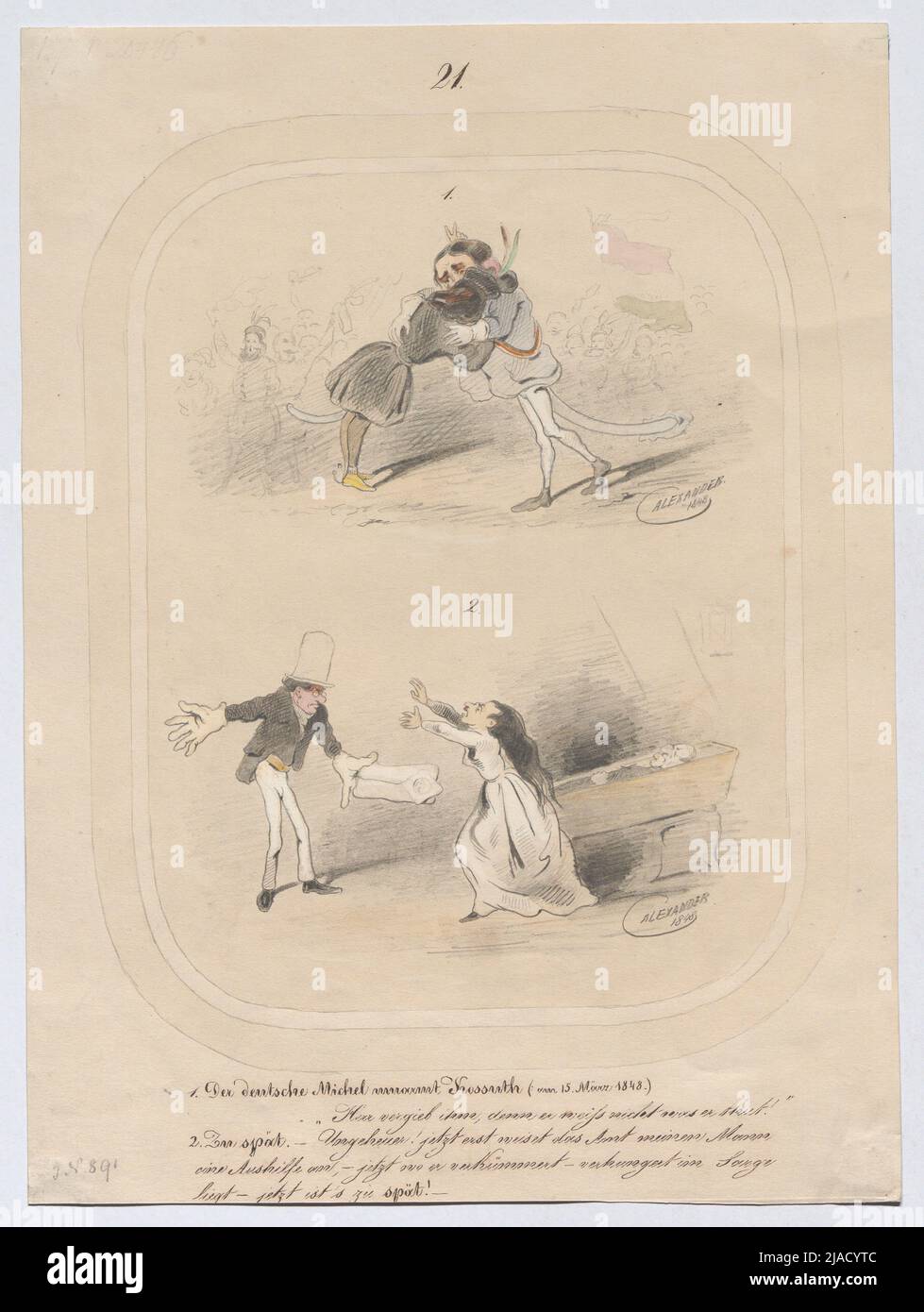 Caricature on the German-Hungarian fraternization (German Michel hugs ...