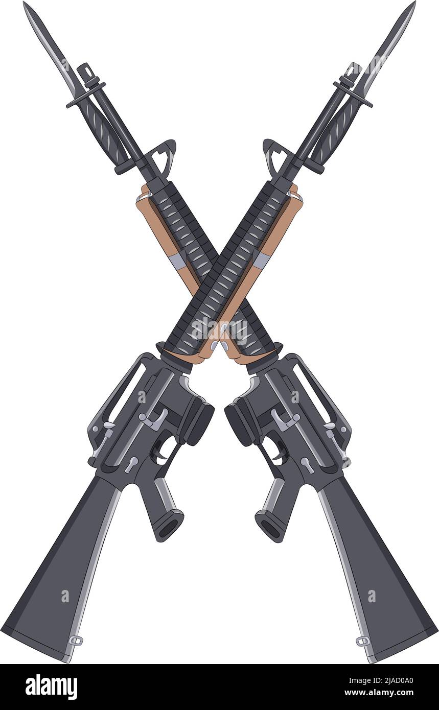 Two automatic rifles M16 with attached bayonets isolated on a white ...