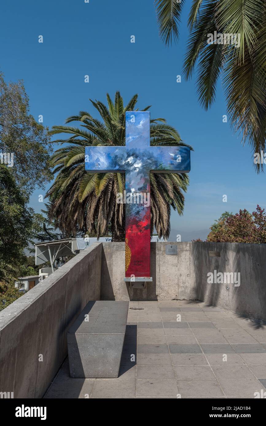 colorful cross on San Cristóbal Hill, Santiago, Chile Stock Photo - Alamy