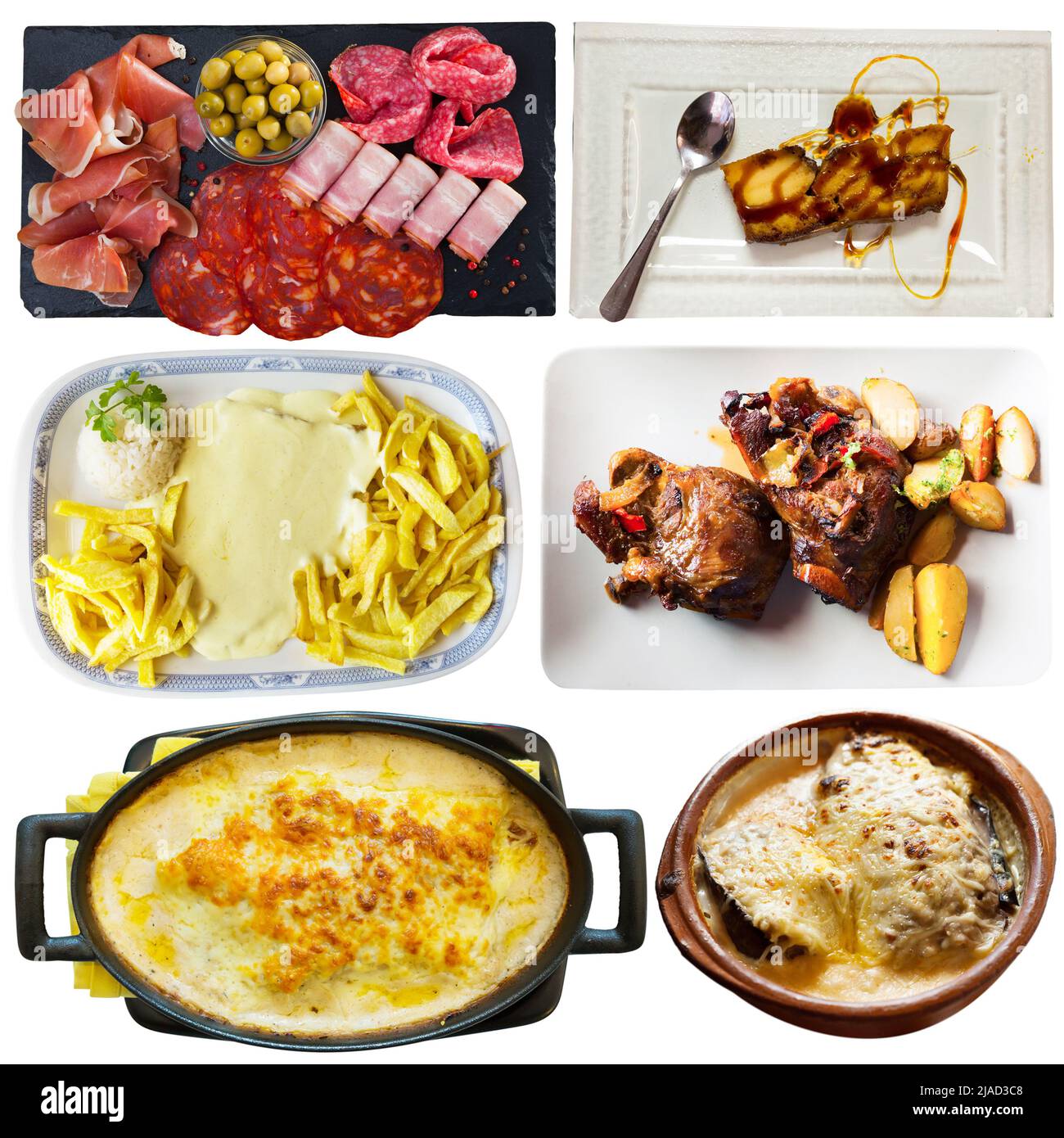 Spanish cuisine dishes at plates isolated on white background Stock ...