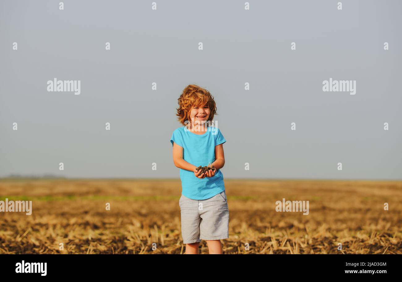 Little farmer checks the quality of fresh humus. Soil and ground ...