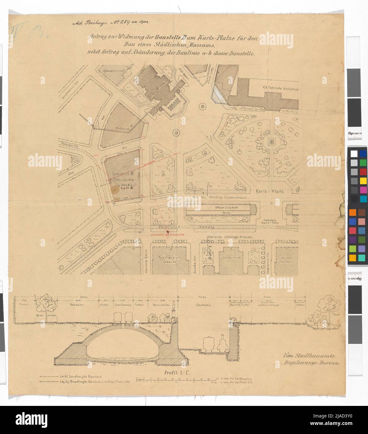 Karlsplatz, site plan of the area around the Karlskirche and cut ...