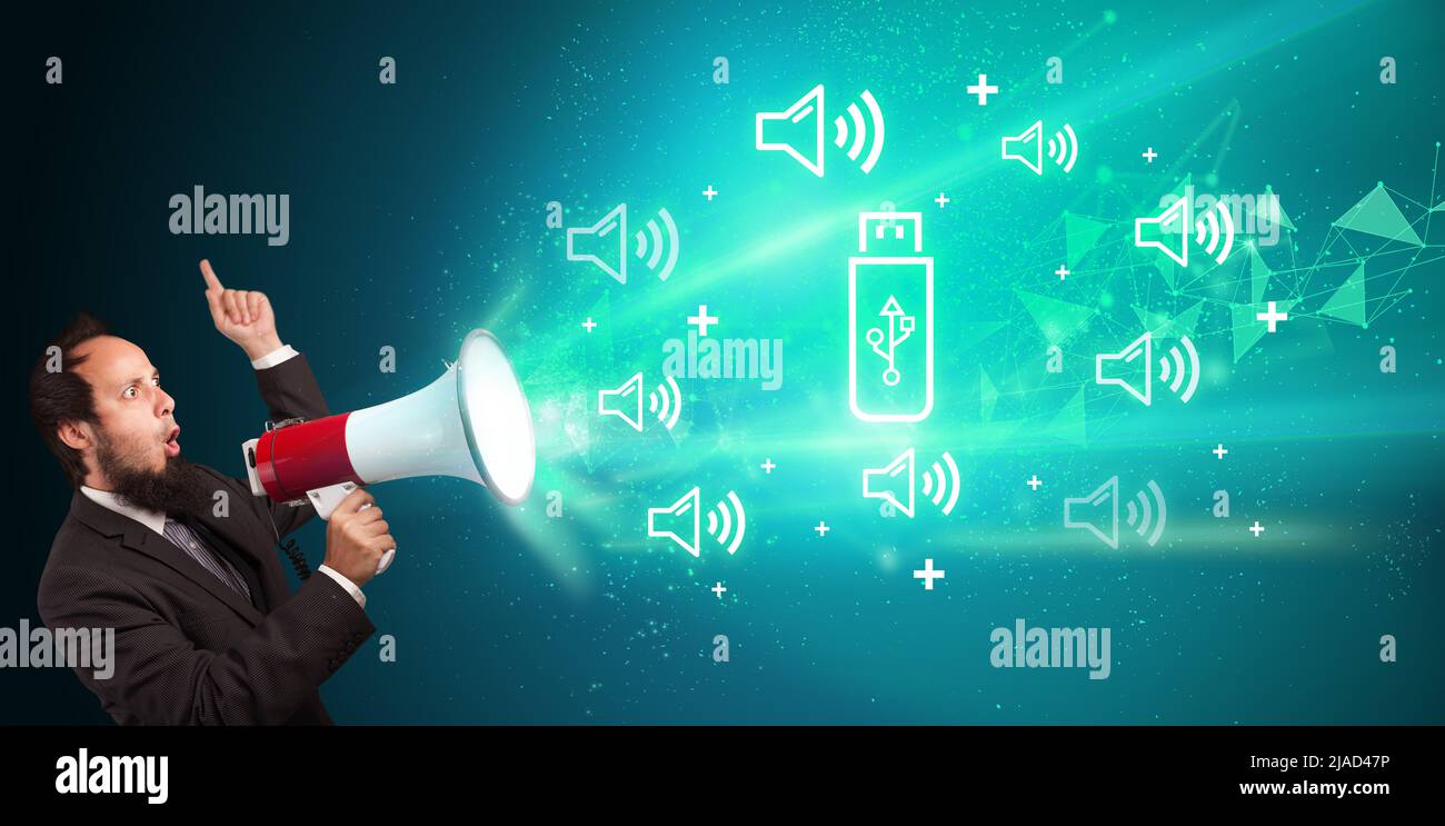 Young person with megaphone and technology related icon Stock Photo - Alamy