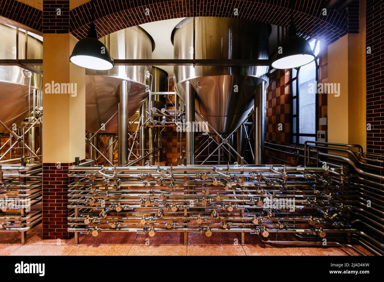 Modern craft brewery, Beer production line Stock Photo - Alamy