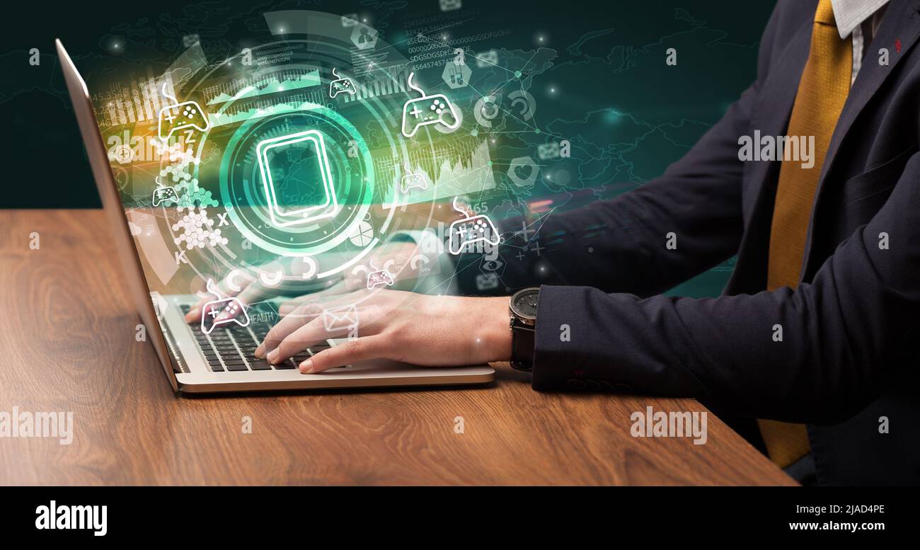 Business hand typing on a modern laptop Stock Photo - Alamy