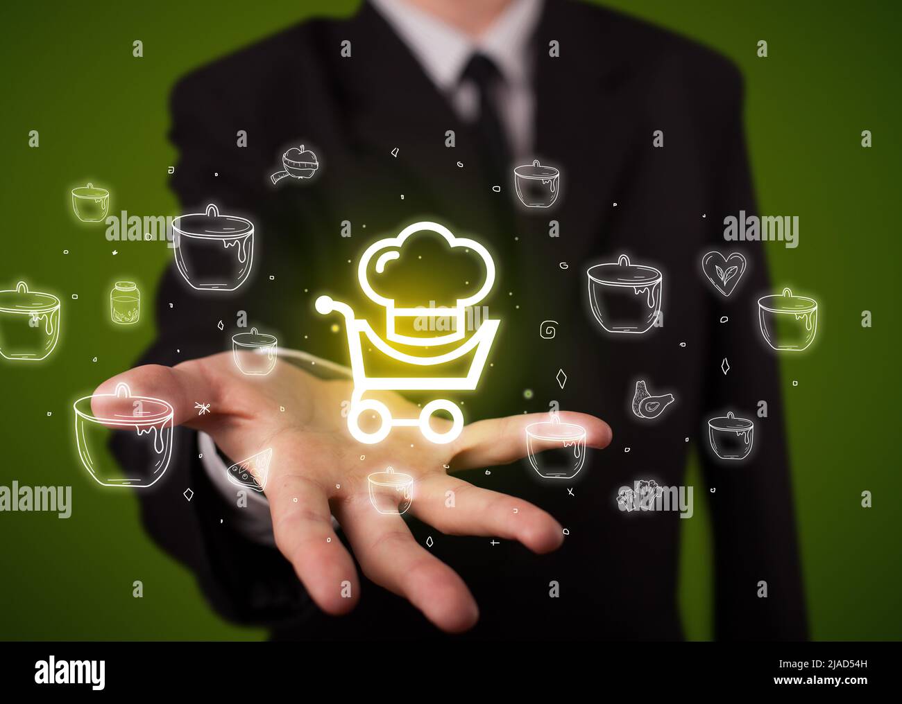 Hand holding food related icons Stock Photo - Alamy