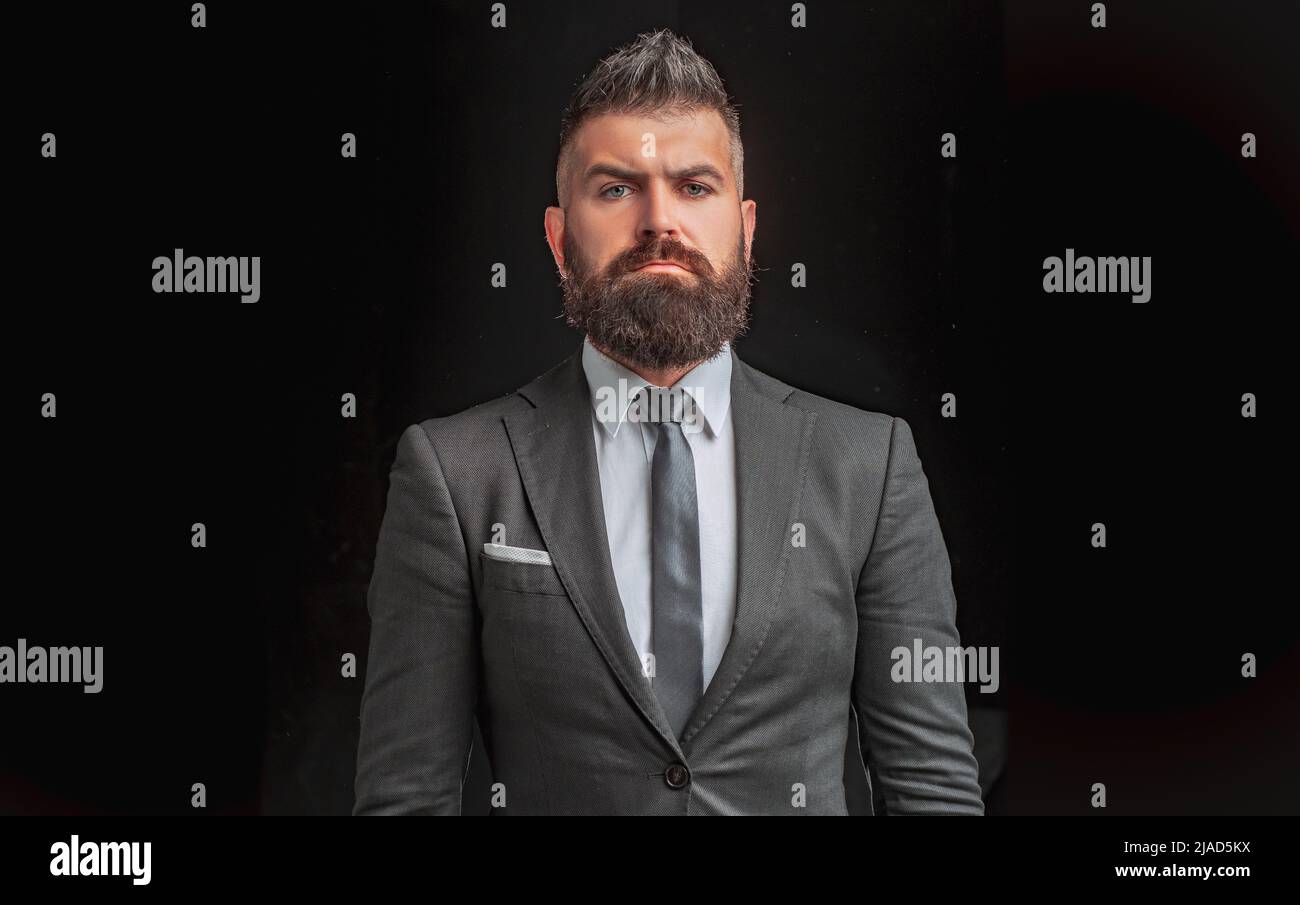 Man suit fashion. Meeting suit. Businessman in dark grey suit ...