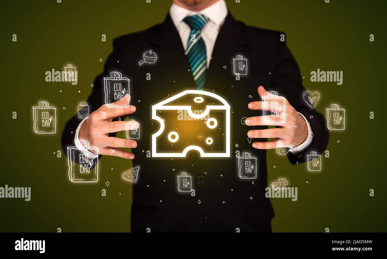Hand holding food related icons Stock Photo - Alamy