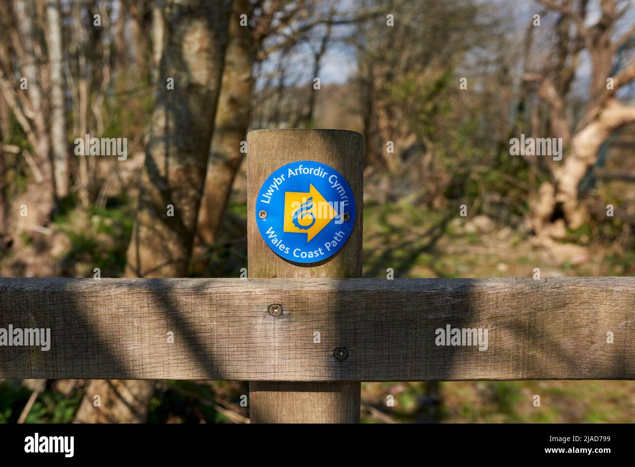 Wooden fence post with bilingual welsh and english direction sign, blue ...