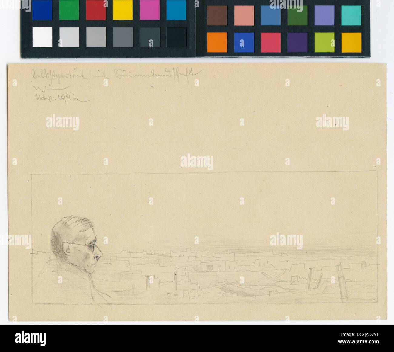 Self -portrait with ruined landscape (pencil sketch). Karl Wiener (1901 ...