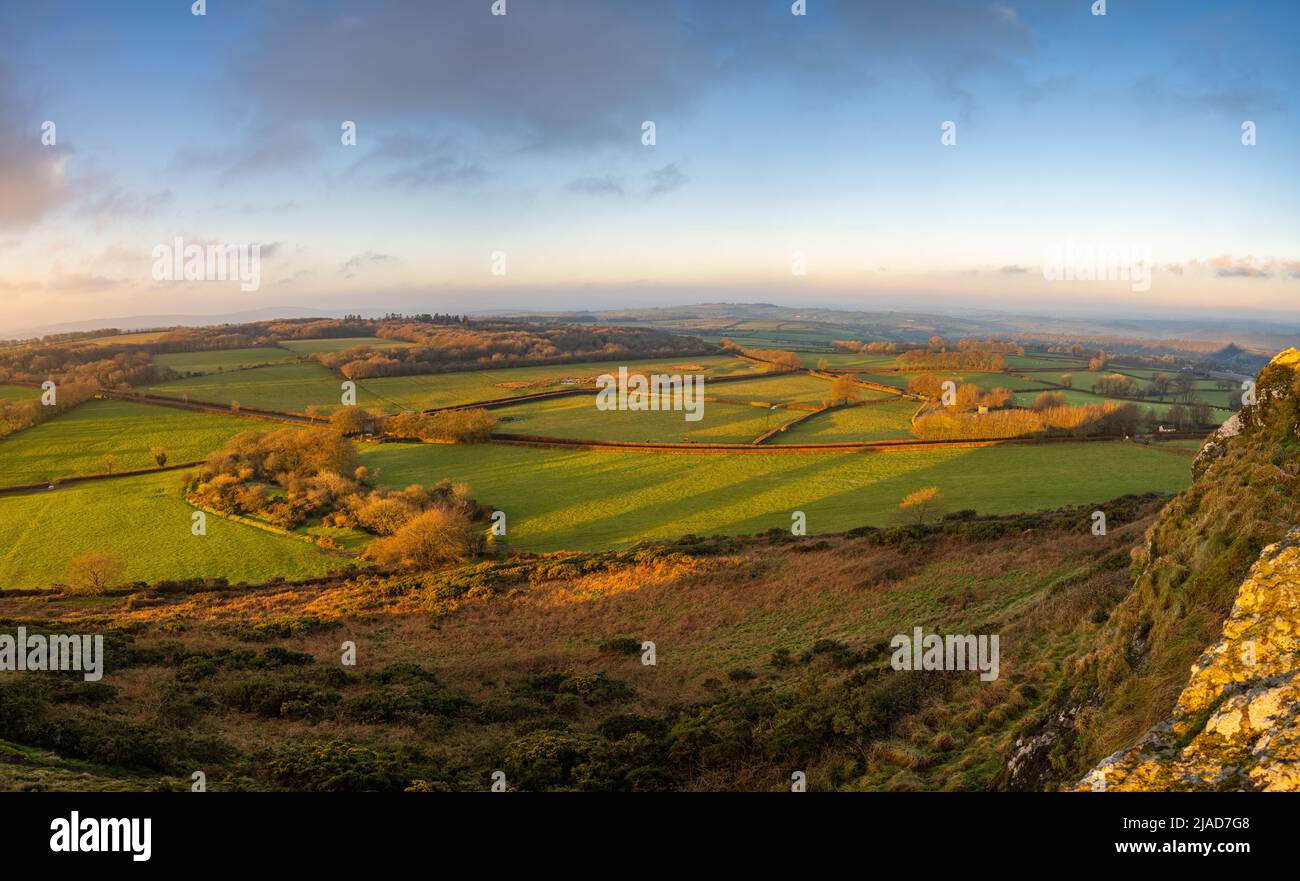 Aerial view of rural landscape at sunrise, Dartmoor National Park ...