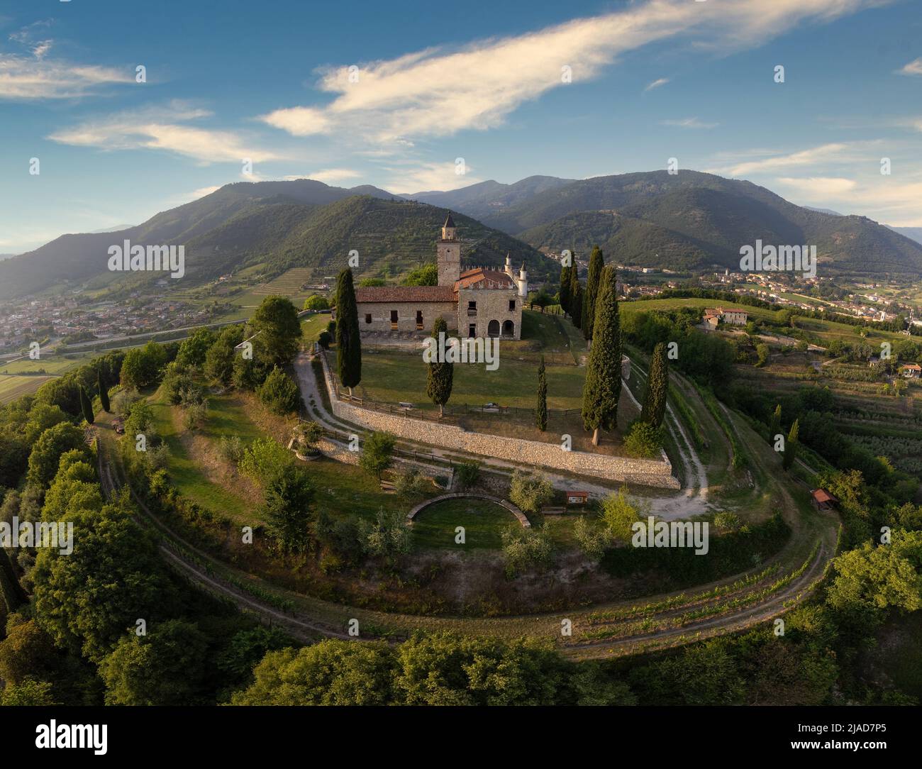 Aerial view of Santissima di Gussago in Franciacorta, Brescia province ...