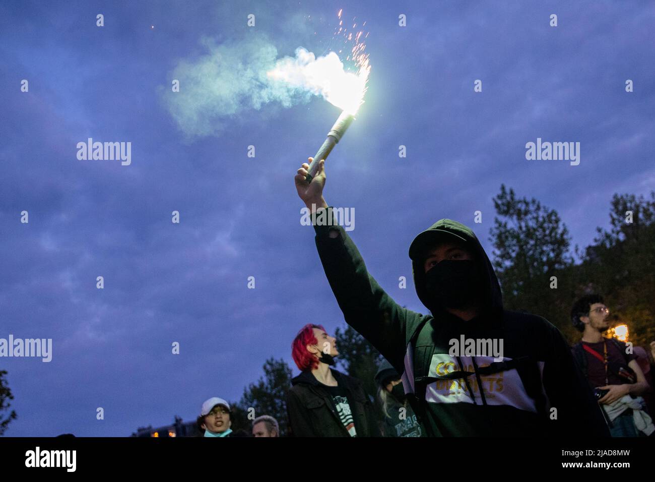 Protestor hold a bomb smoke during a protest in Paris Stock Photo - Alamy