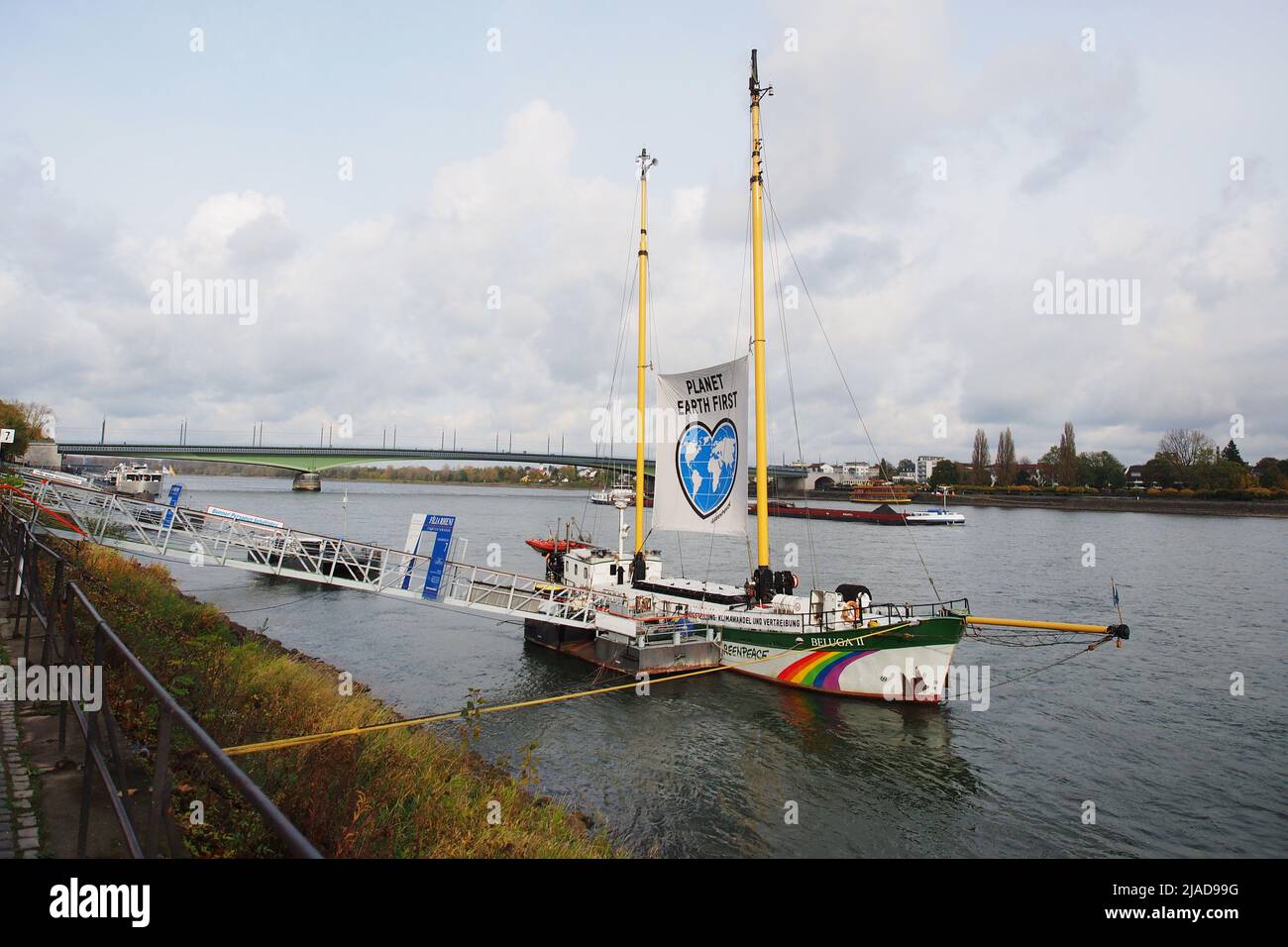 The Beluga II, a ship of the Greenpeace fleet anchored on the bank of ...