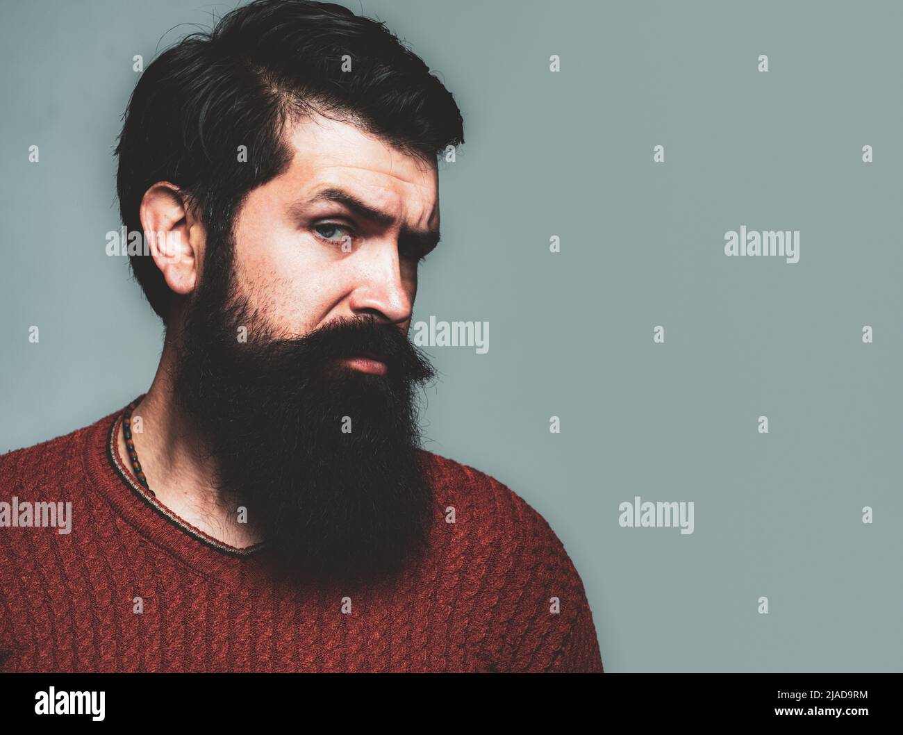 Portrait of confident serious man has beard and mustache, looks ...