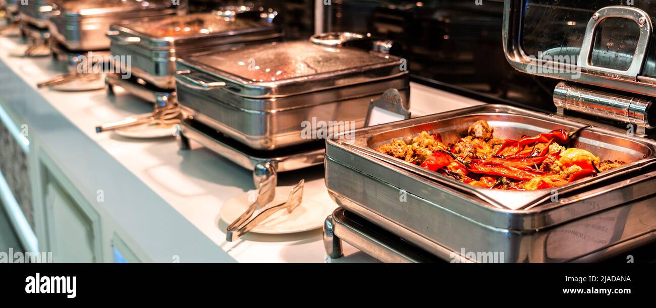 Breakfast and lunch buffet food catering banquet in hotel. Heated ...