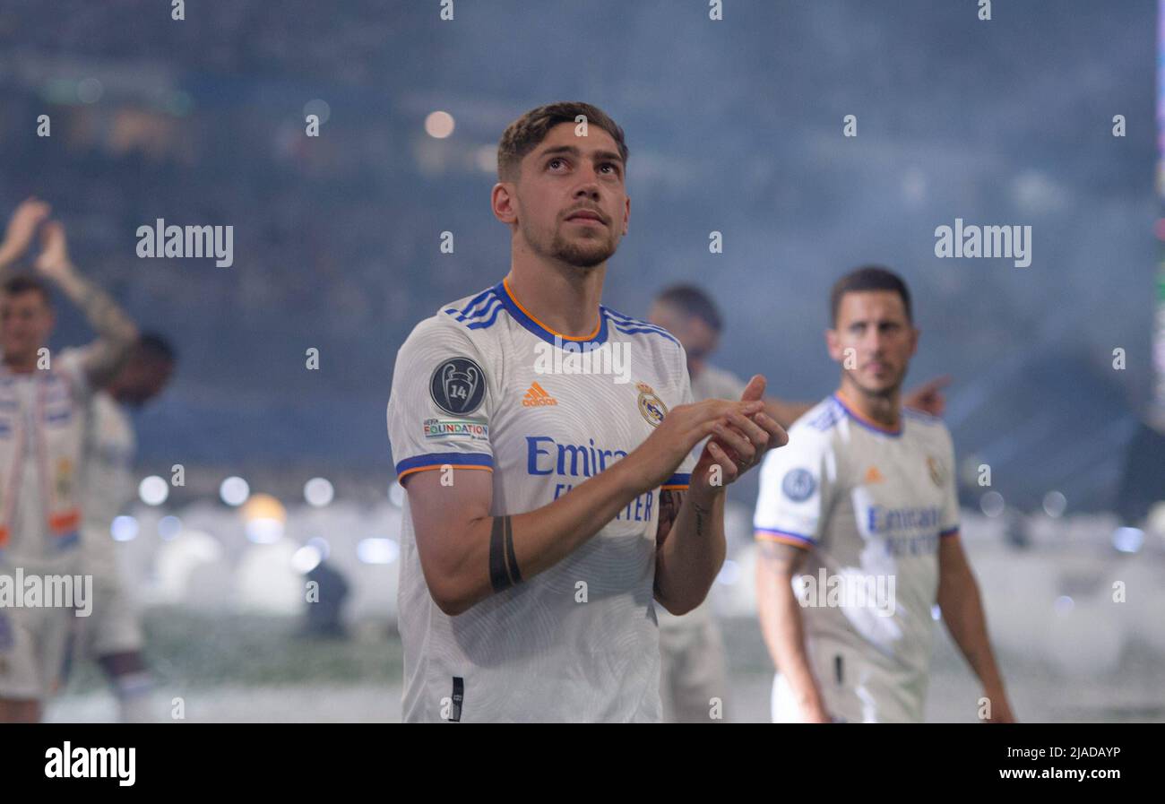 Madrid, Spain. 29th May, 2022. Real Madrid players celebrate being the ...