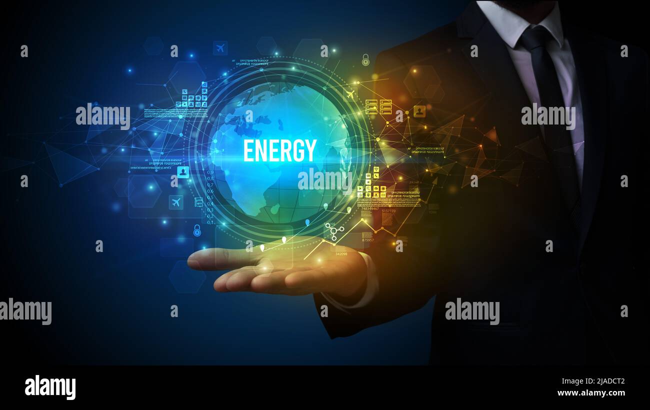 Elegant hand holding technology-related inscription Stock Photo - Alamy