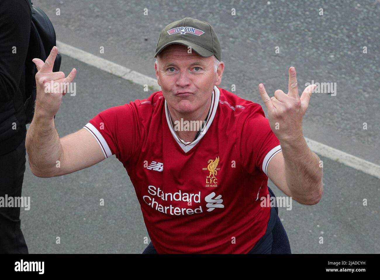 Liverpool, UK. 29th May, 2022. Supporters cheer on the Liverpool FC ...