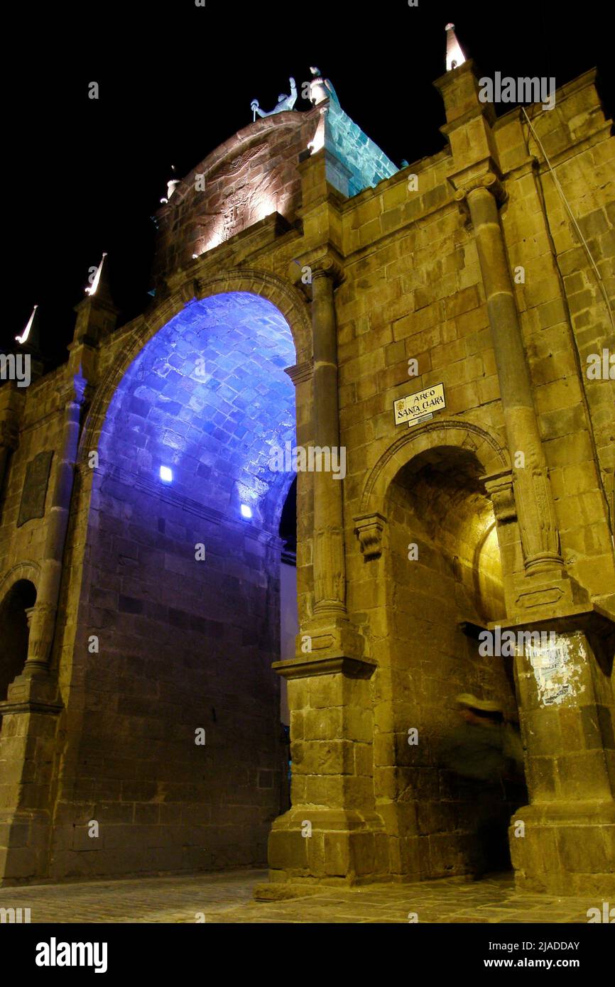 Night view of the Santa Clara gate in Cusco Stock Photo - Alamy