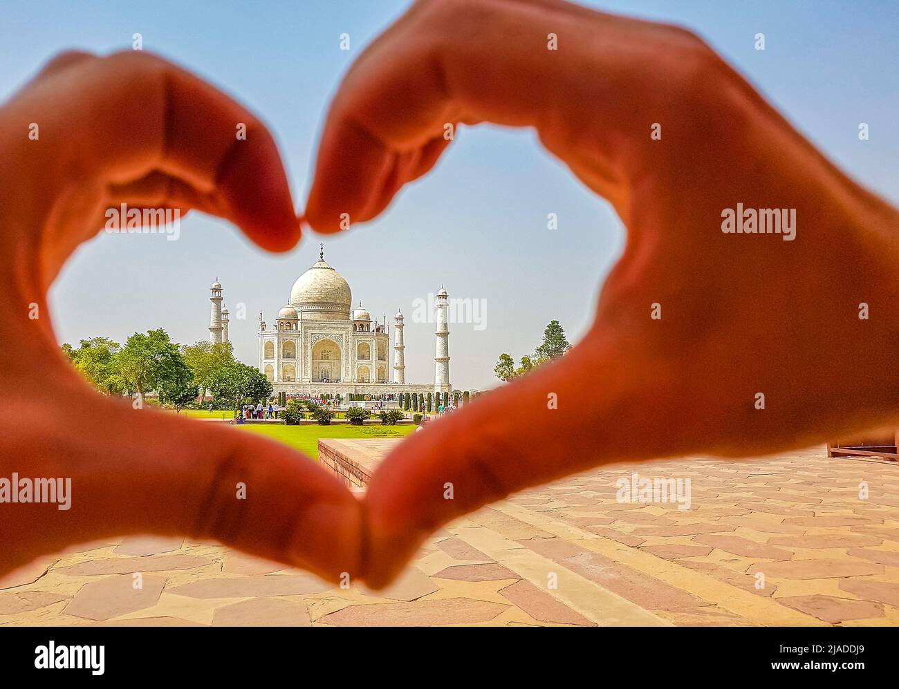 Symbol of love with heart from hands at Taj Mahal in Agra India Mogul ...