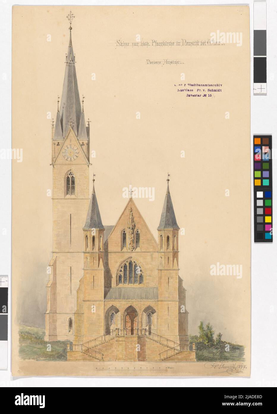 Draft for a Catholic parish church in Neustift, Vienna 19, main facade ...