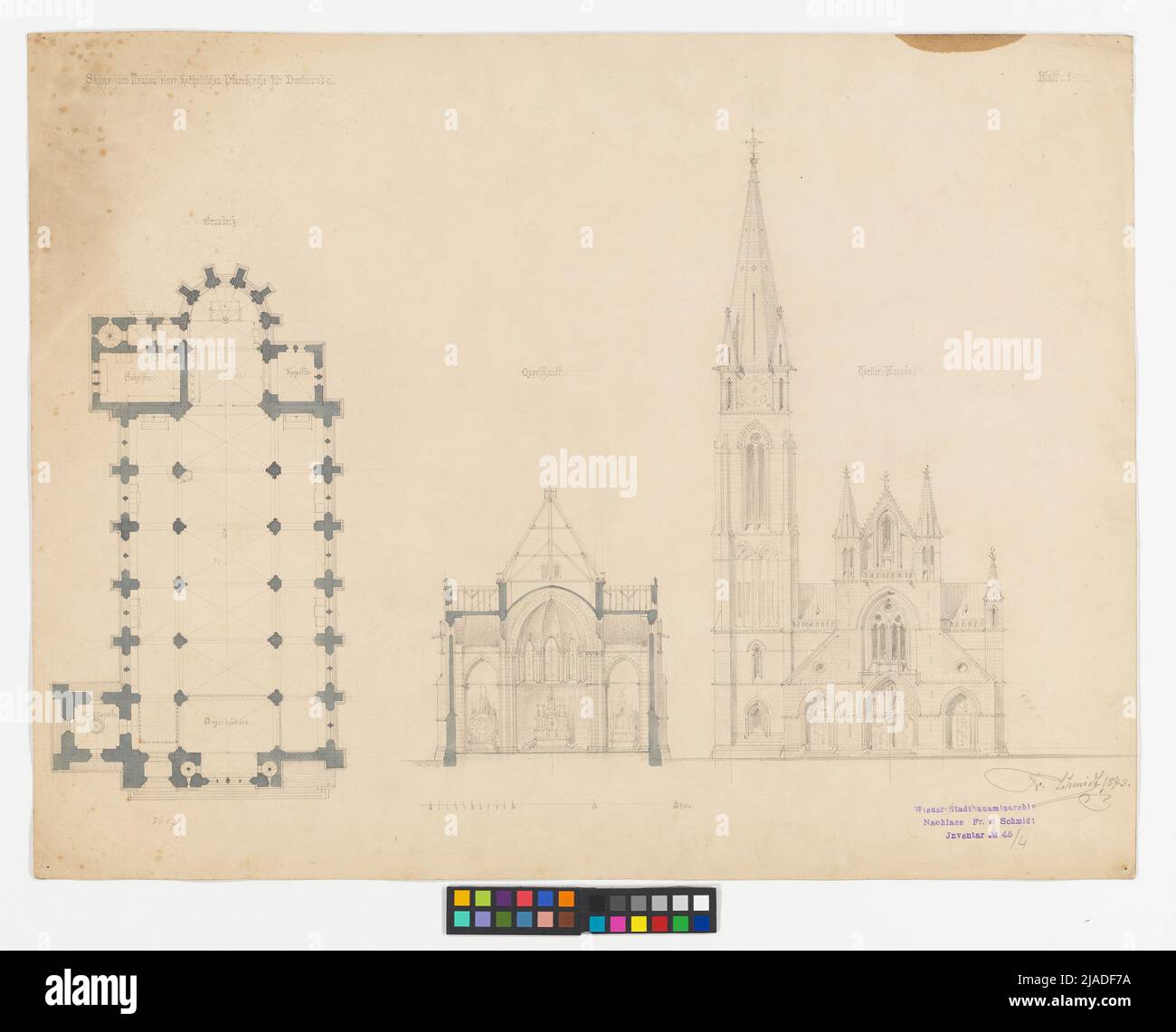 Project for a new Catholic parish church in Dortmund, floor plan, cross ...