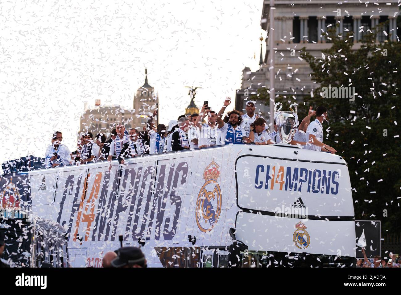 Real Madrid players arrive at the traditional celebration at Cibeles ...