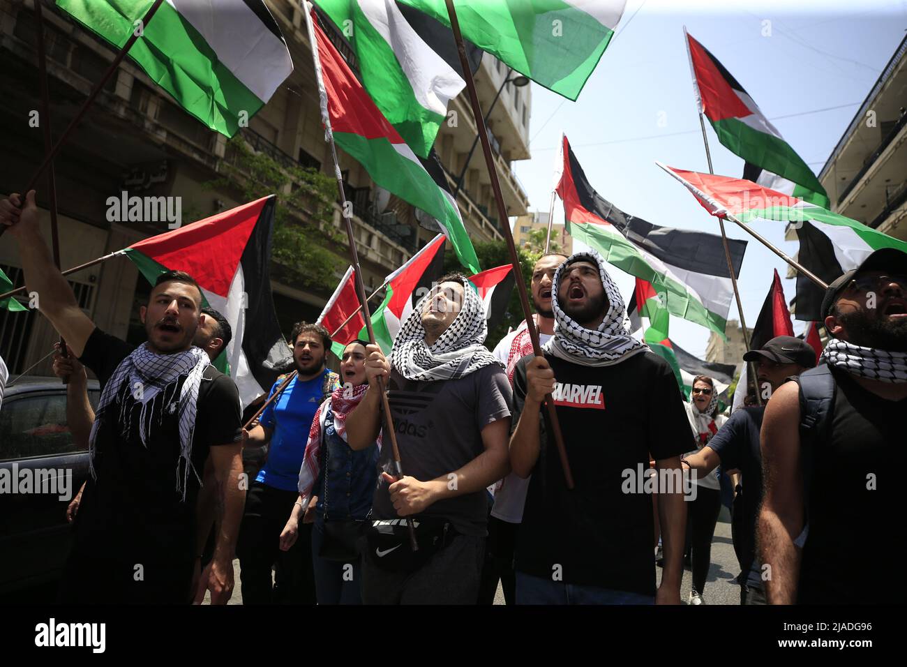 Sidon, Lebanon. 29th May, 2022. People protest against the flag march ...