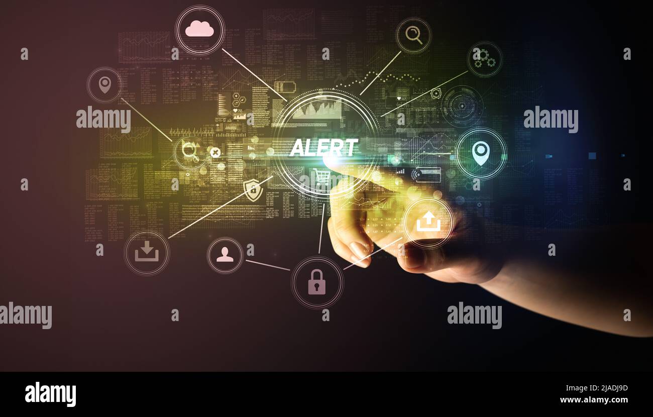 Hand touching cybersecurity button concept Stock Photo - Alamy