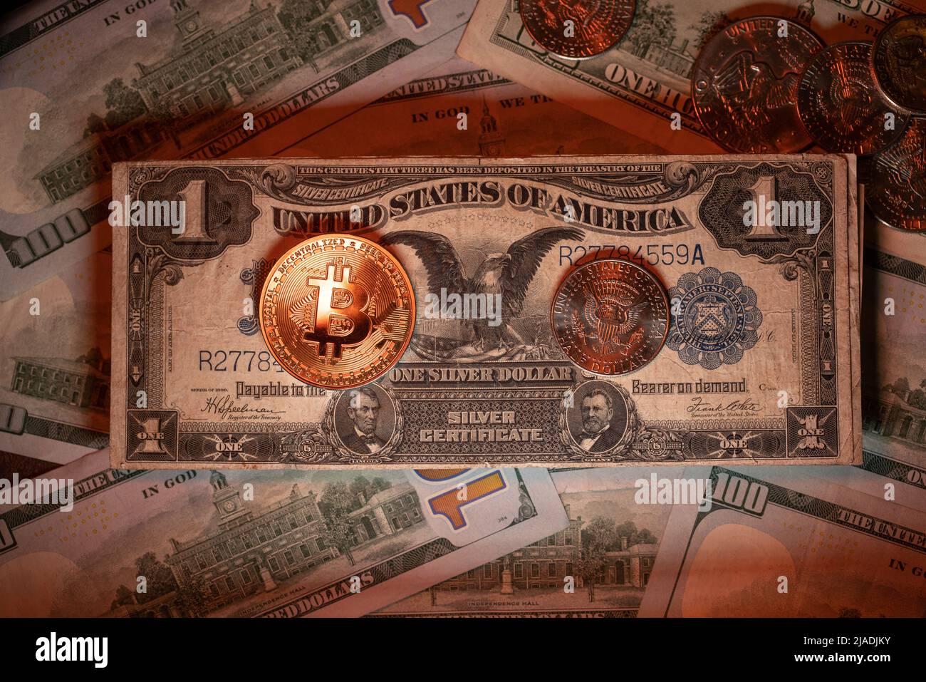 Interesting rare one US Dollar banknote with shining Bitcoin coin ...
